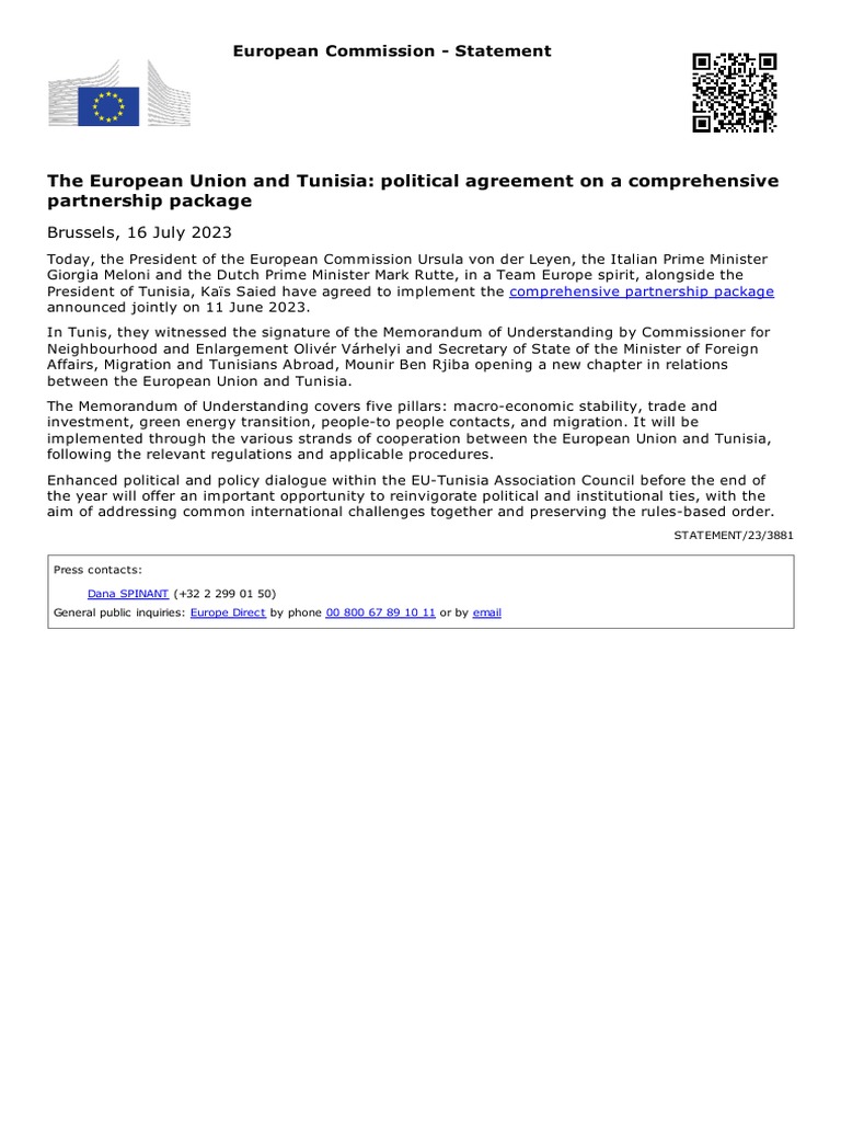 The European Union and Tunisia Political Agreement On A Comprehensive ...