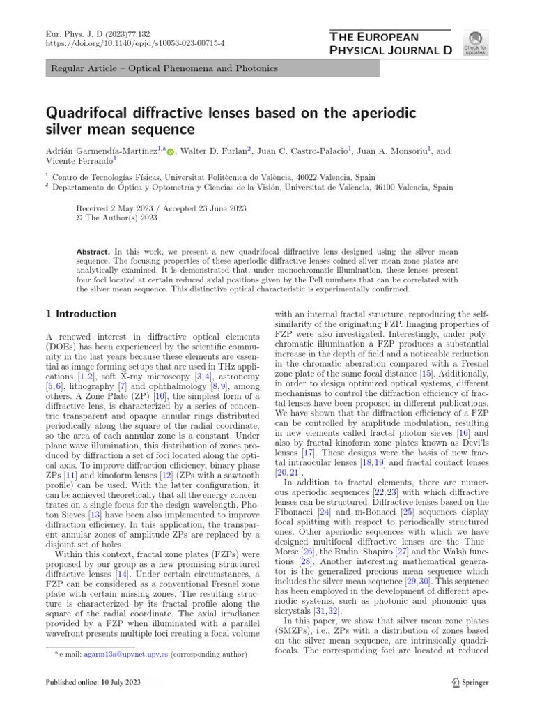Quadrifocal Diffractive Lenses Based On The Aperio | PDF | Diffraction | Optics