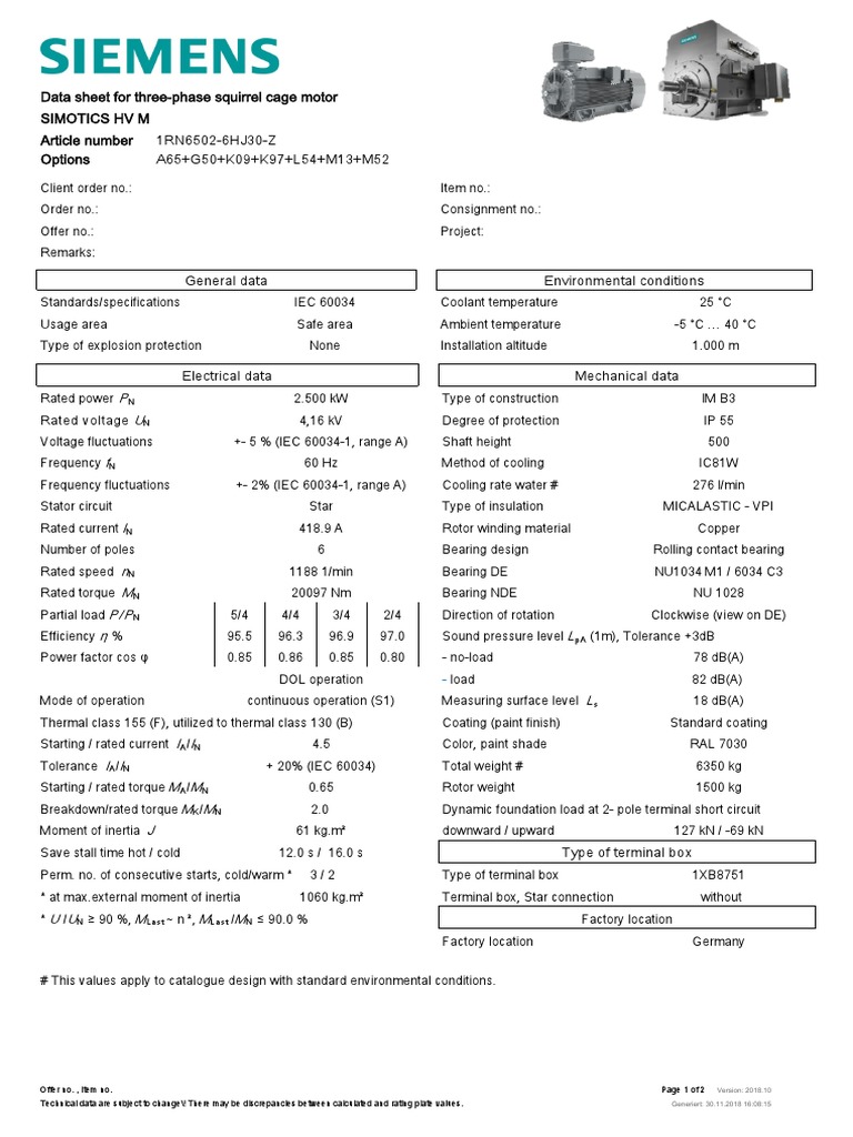 SIMOTICS HV M Motor Data Sheet | PDF | Electrical Engineering ...