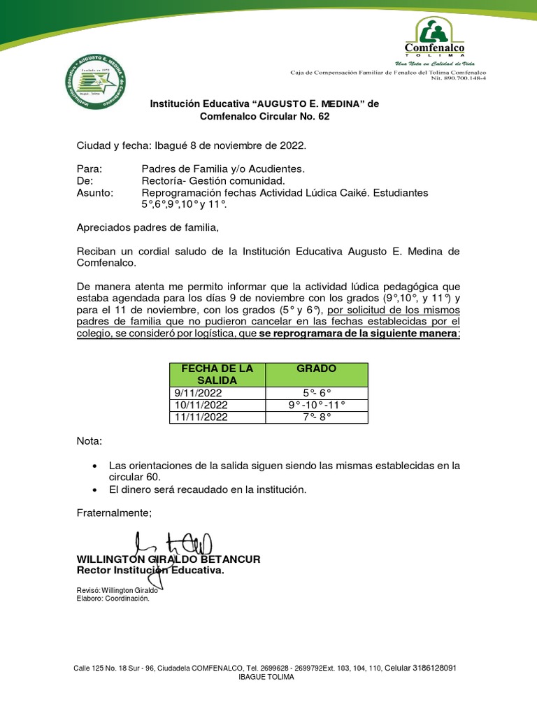 Circular No 62 - Reprogramacin Actividad Ldica Caik | PDF