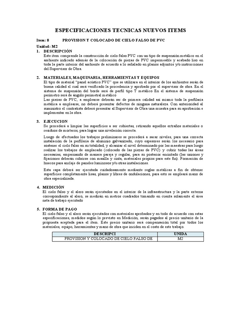 Especificaciones Tecnicas Nuevos Items | PDF