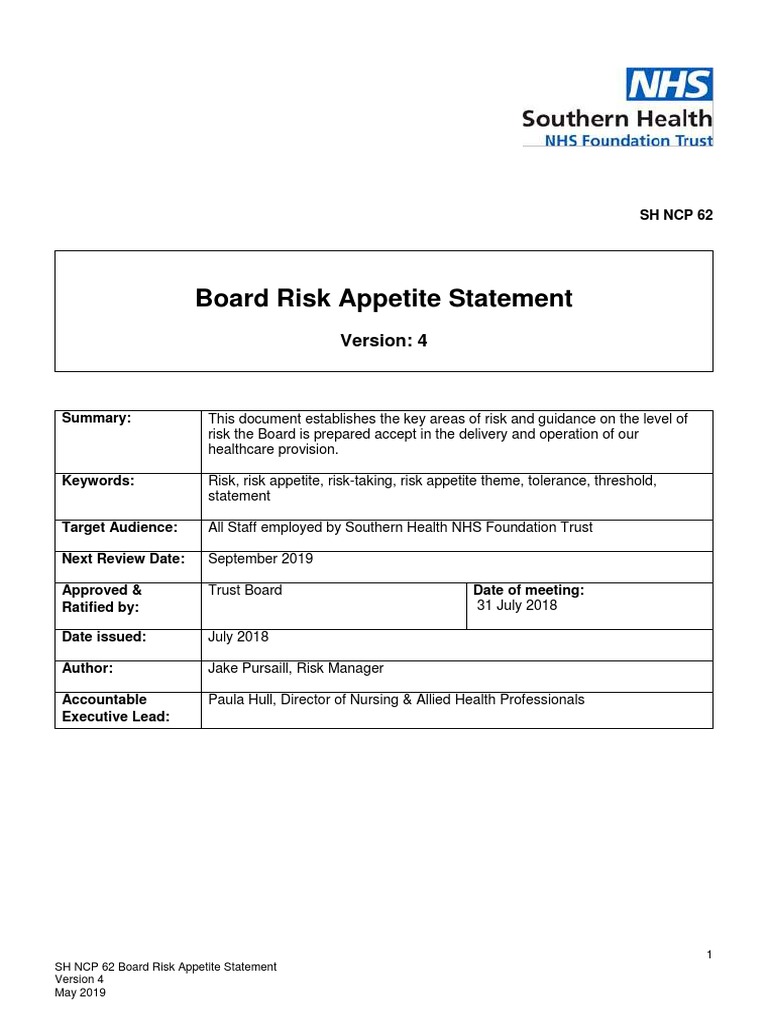 Board Risk Appetite Statement Template | PDF | Risk | Patient Safety Board Risk Appetite Statement Template | PDF | Risk | Patient Safety
