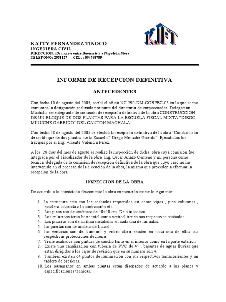 Informe de Recepcion Provicional | PDF | Fundación (Ingeniería) | Construyendo tecnología