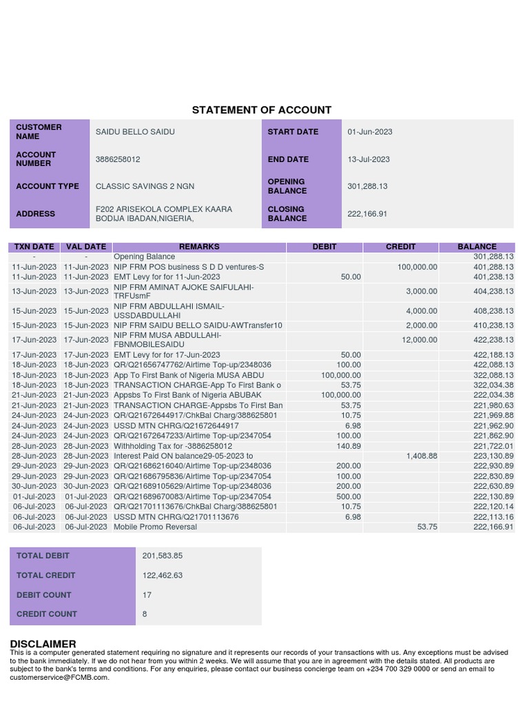 01 Jun 2023 To 13 Jul 2023 FCMB Statement | Download Free PDF | Debit Card | Business
