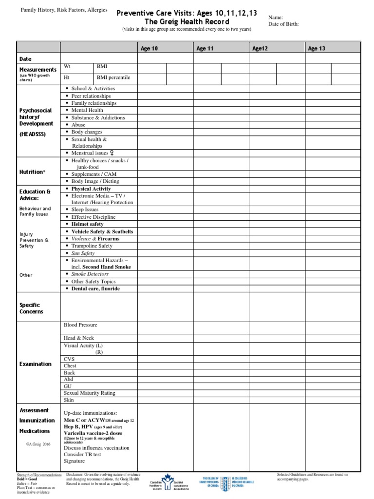 Greig Health Record - Ages-10-To-13 | PDF | Medical Specialties ...