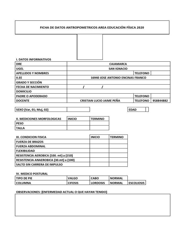 Ficha de Datos Antropometricos 2020 Primero | PDF