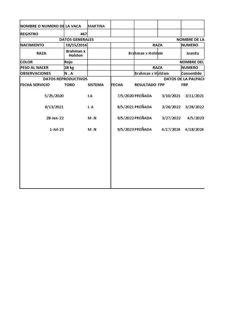 Registro - Hoja de Vida de La Vaca | PDF | Bovinos | Cría