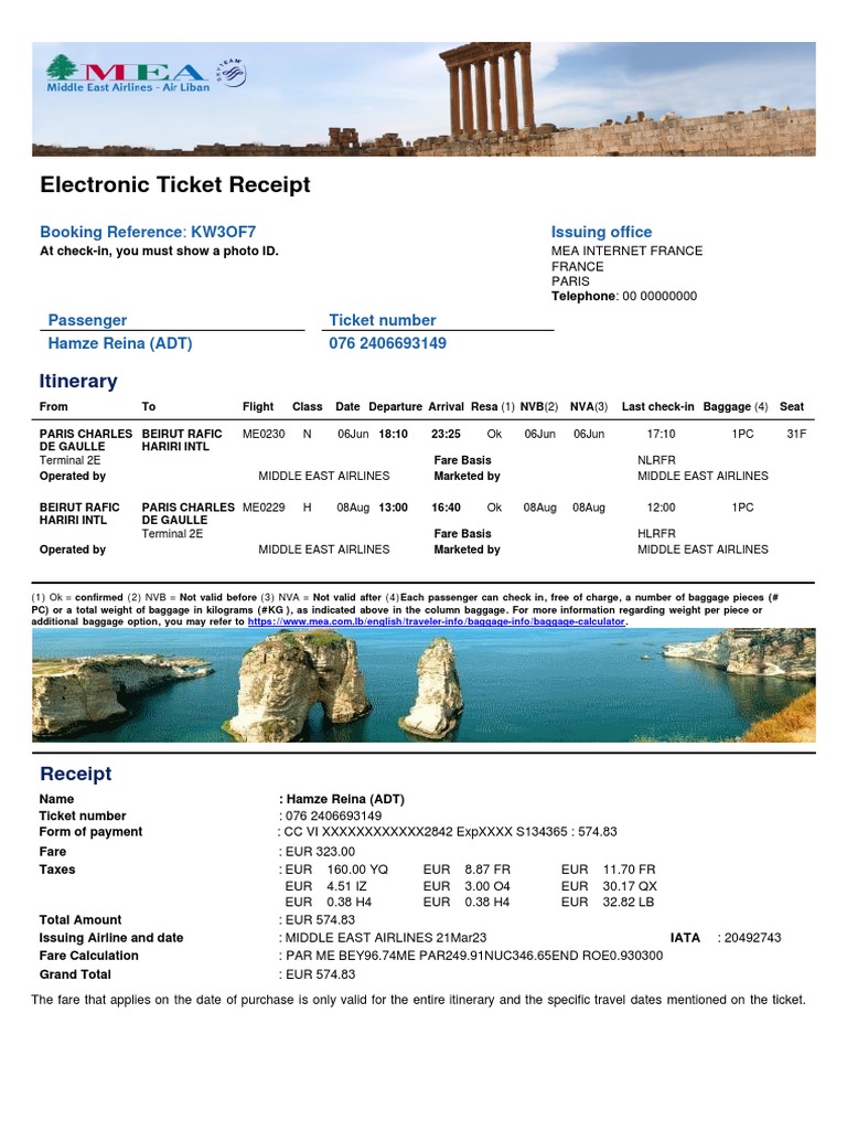 Electronic Ticket Receipt for MEA Flight | PDF | Civil Aviation | Transport