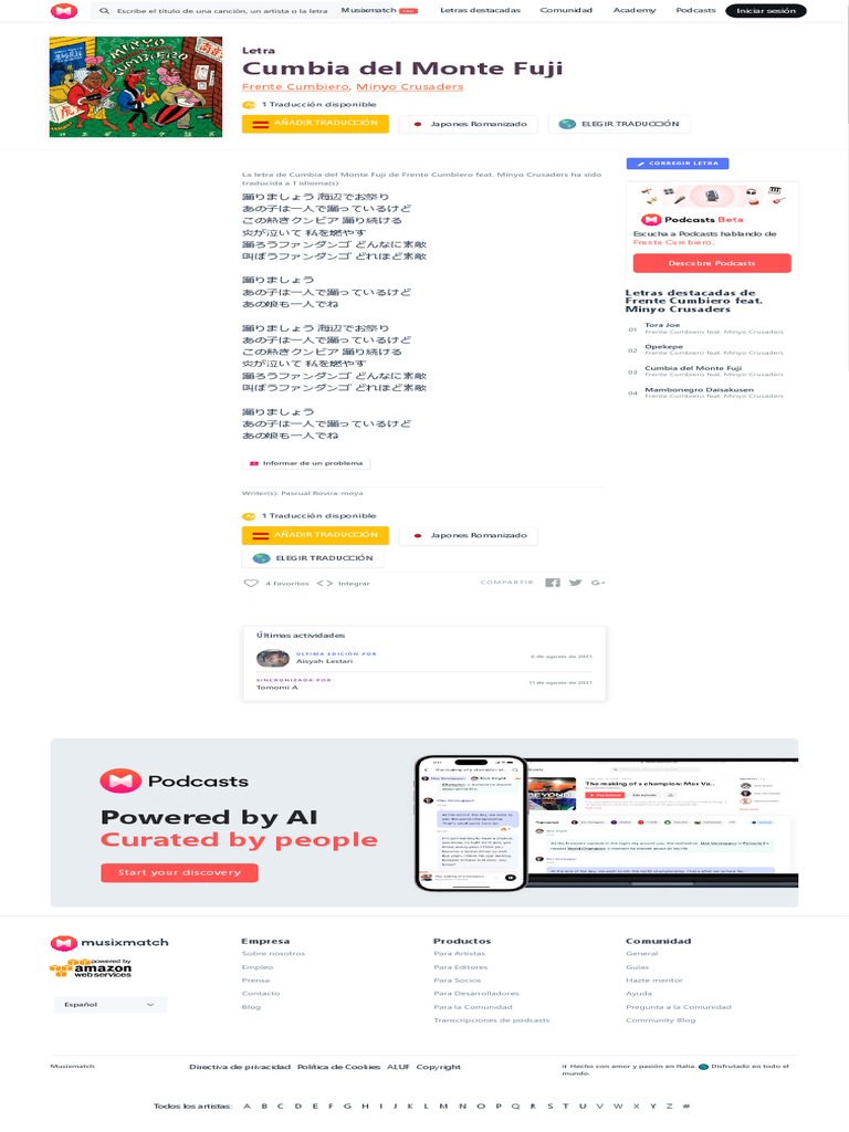 Letra de Cumbia Del Monte Fuji de Frente Cumbiero Feat. Minyo Crusaders - Musixmatch | PDF