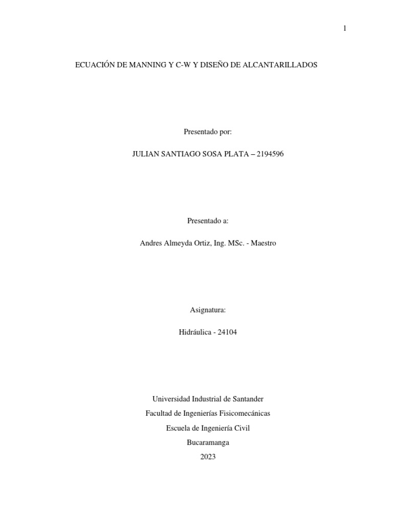 Ecuación De Manning Y C W Y Diseño De Alcantarillados Pdf Tubería Transporte De Fluidos