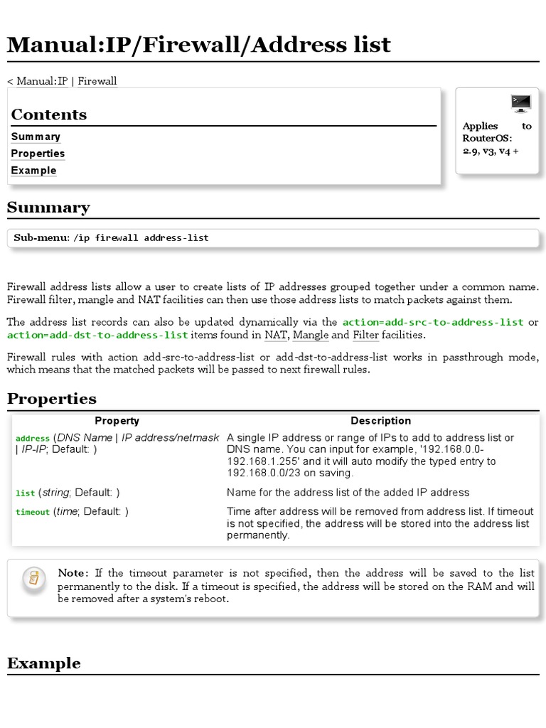 Manual - IP - Firewall - Address List - MikroTik Wiki | PDF