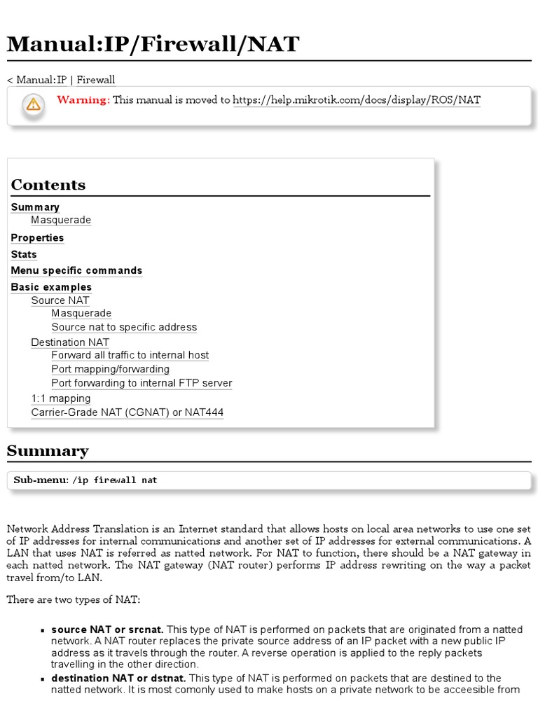 Manual IP Firewall NAT - MikroTik Wiki | PDF | Ip Address | Router (Computing)