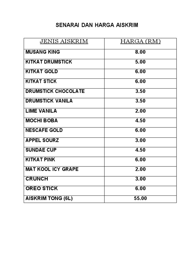 Senarai Dan Harga Aiskrim 1 | PDF