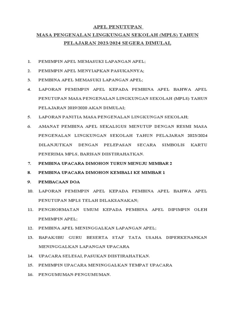 Susunan Upacara Penutupan MPLS | PDF