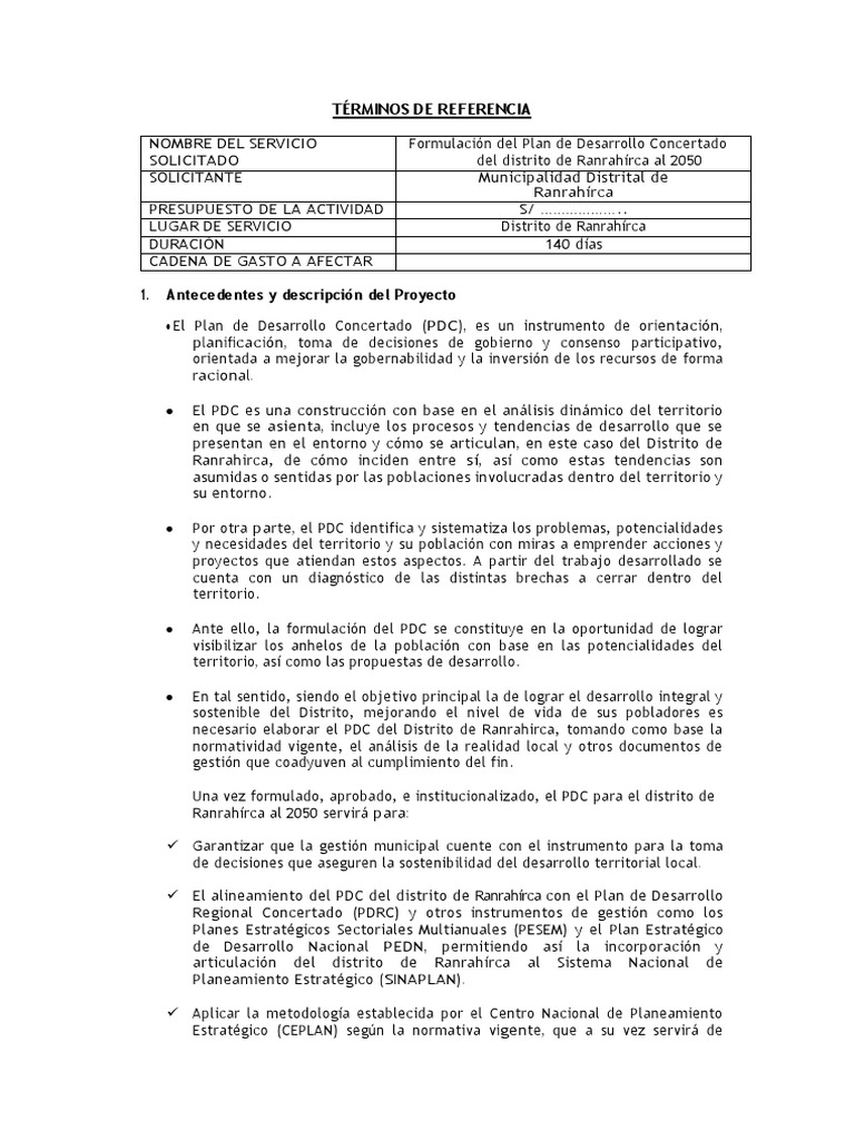 TDR PDC Ranrahirca Ultimo | PDF | Planificación | Presupuesto