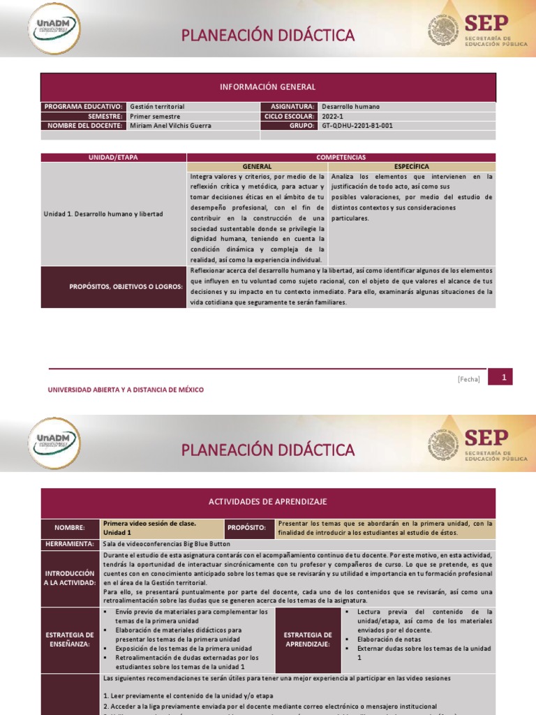 GT - QDHU - Planeación Didáctica - U1 | Descargar gratis PDF | Maestros | Evaluación