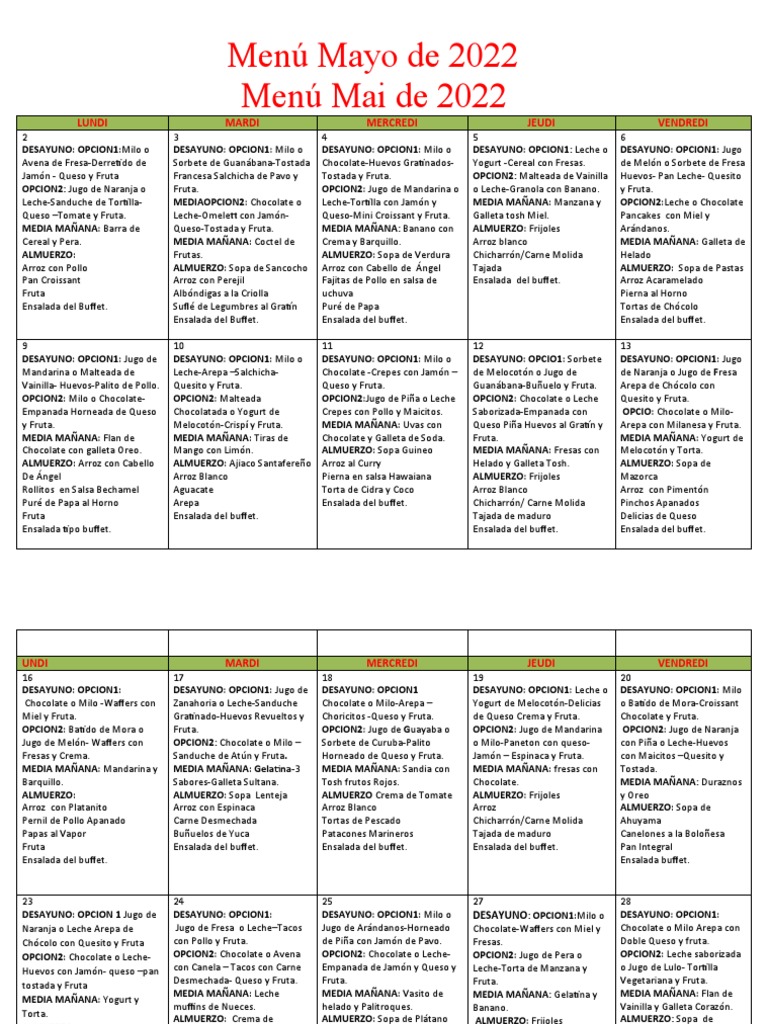 Menu Mayo de 2022 | PDF | Cocinando | Cocina