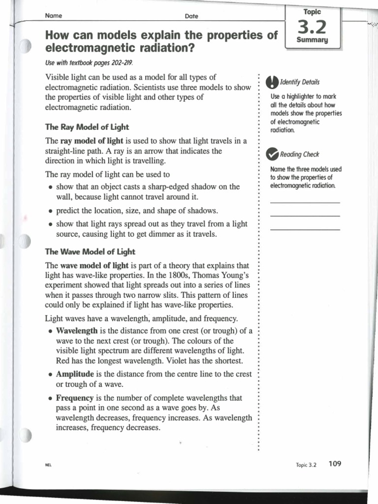 Workbook 3.2 Ray, Wave, and Particle Models of Light FILLABLE | PDF | Light | Wavelength