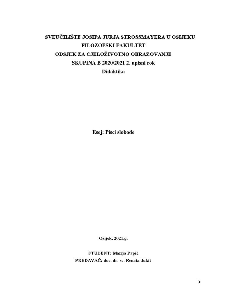 Didaktika Esej Pisci Slobode Marija Papić | PDF