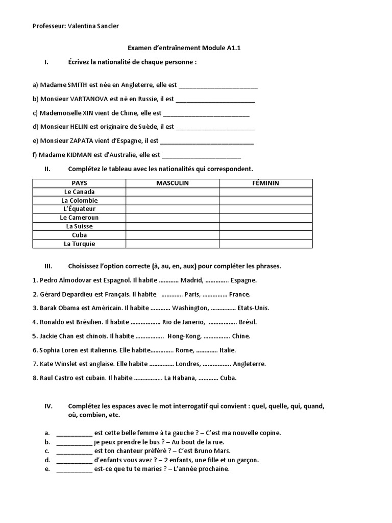 Examen D'entraînement A1.1 | PDF