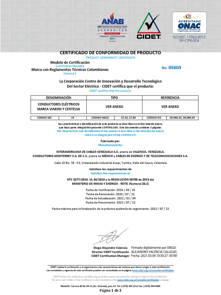 Certificado 05603 Alambres y Cables Aislados o Preensamblados ...
