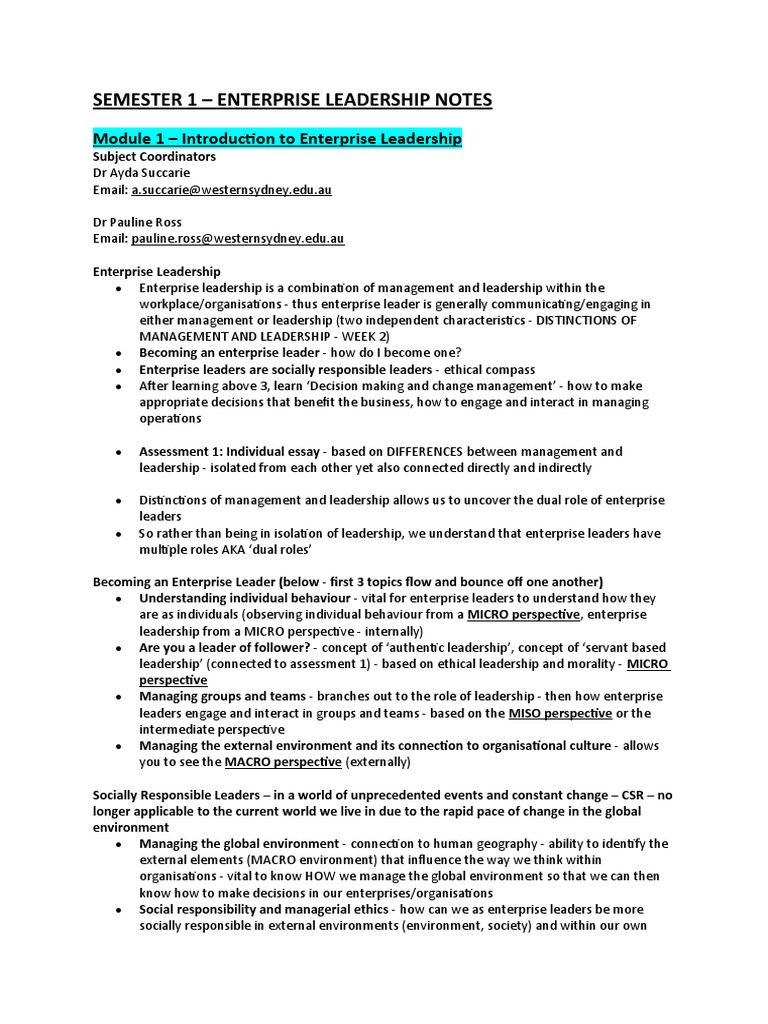 Semester 1 - Enterprise Leadership Notes | PDF | Leadership ...