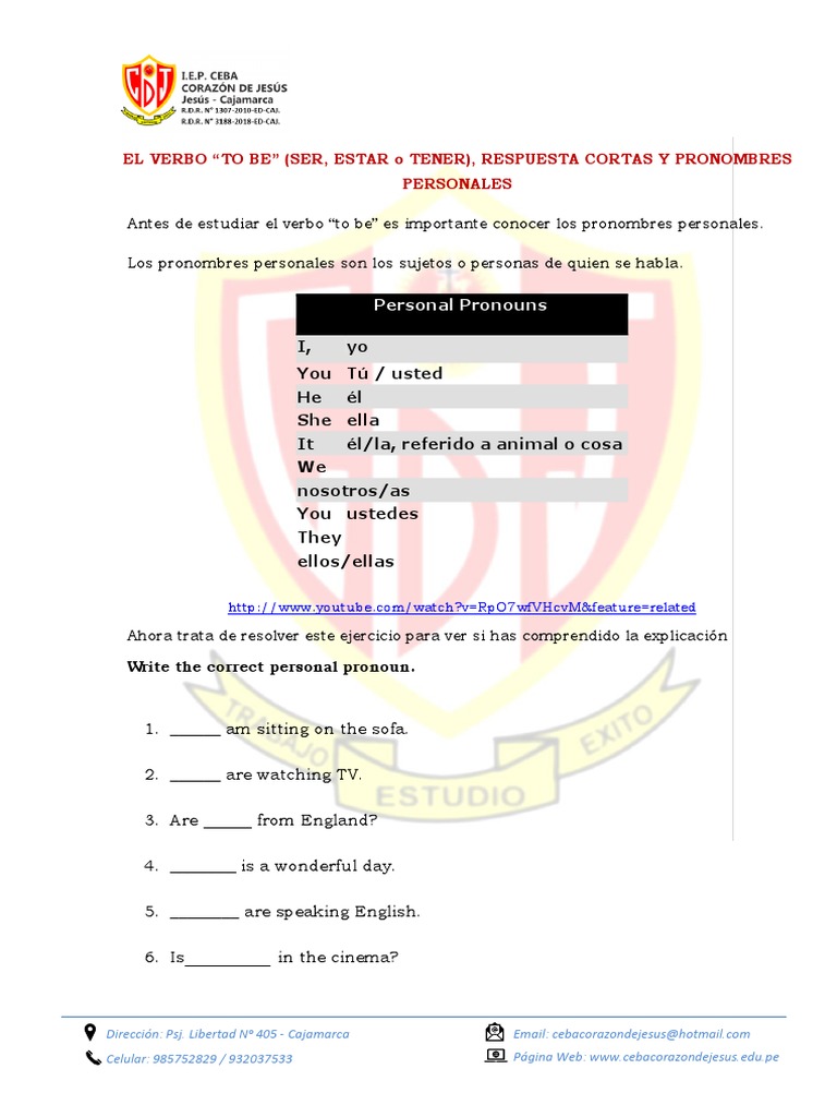TEMA 1 EL VERBO “TO BE” (SER, ESTAR o TENER), RESPUESTA CORTAS Y ...