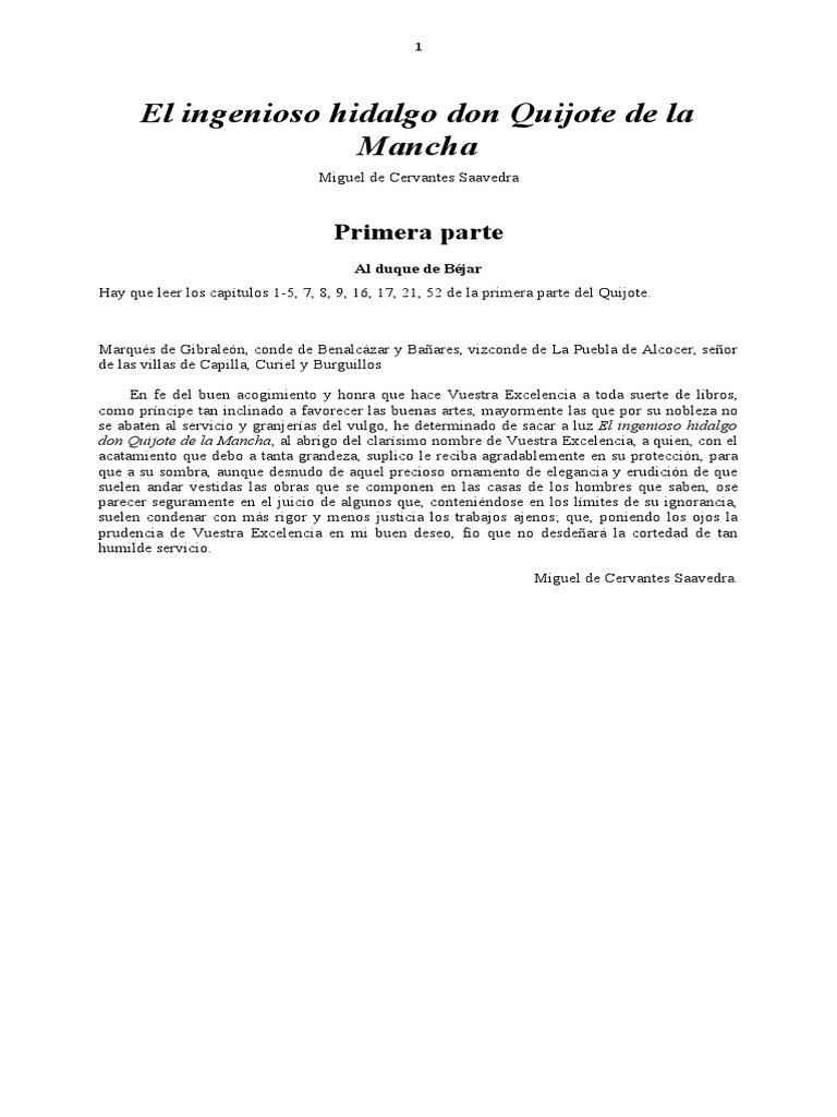 El Ingenioso Hidalgo Don Quijote de La Mancha (Primera Parte) | PDF ...