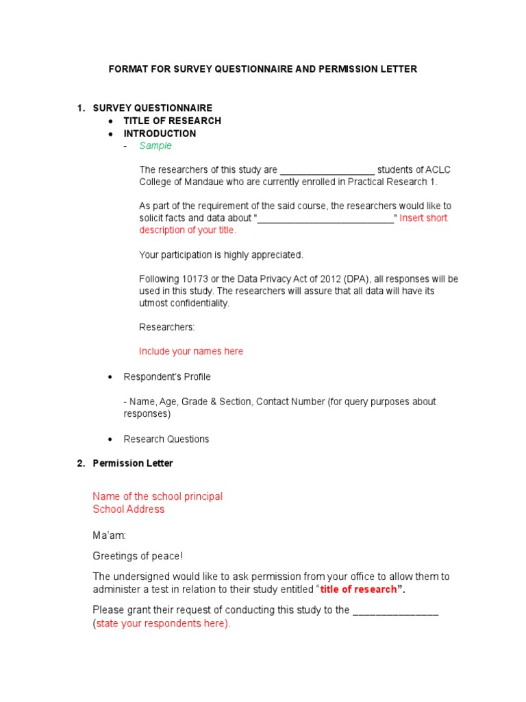 Format For Survey Questionnaire and Permission Letter | PDF | Career ...