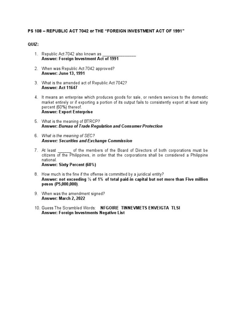 PS 108 Foreign Investment Act - QUIZ | PDF