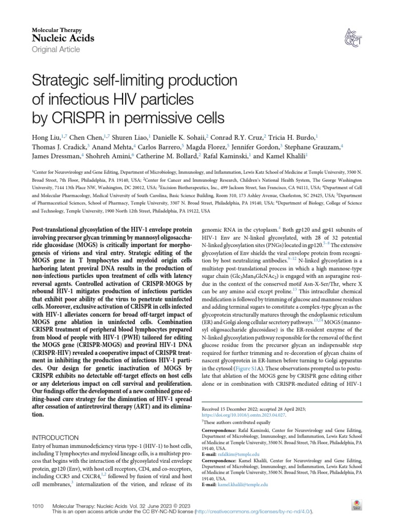 2023 - Strategic Self-Limiting Production of Infectious HIV Particles ...