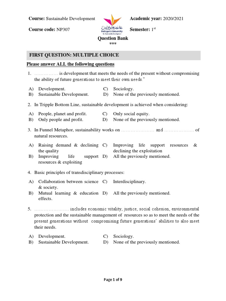 Sustainable Development Question Bank | PDF | Natural Environment ...