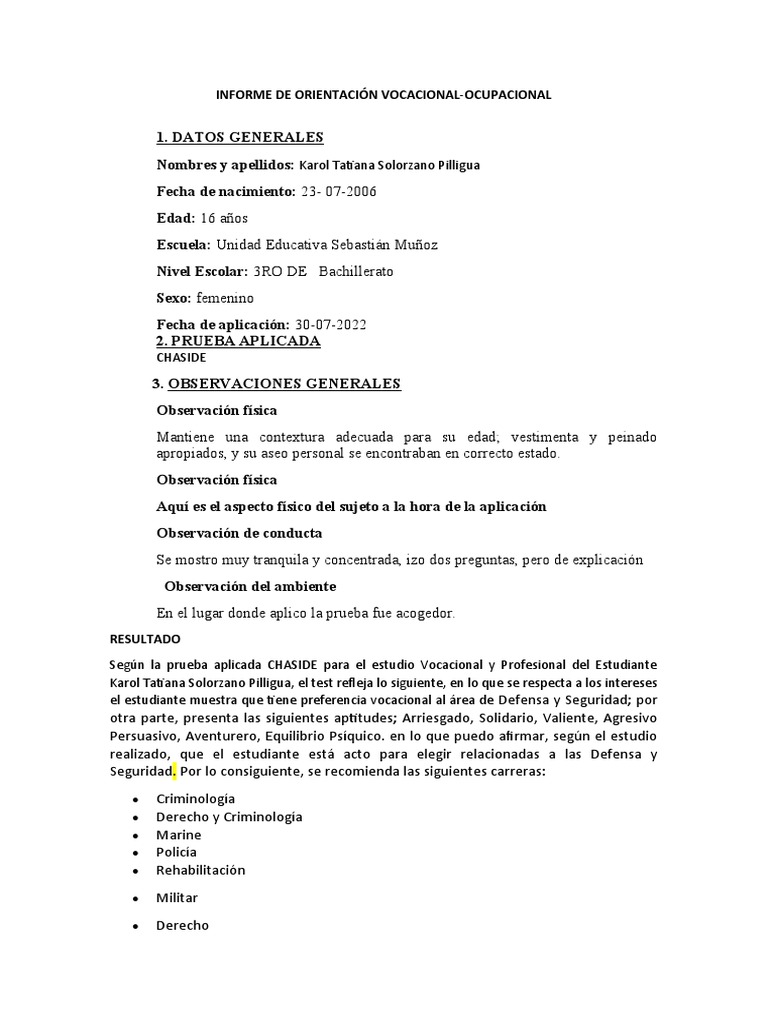 Informe de Orientación Vocacional | PDF