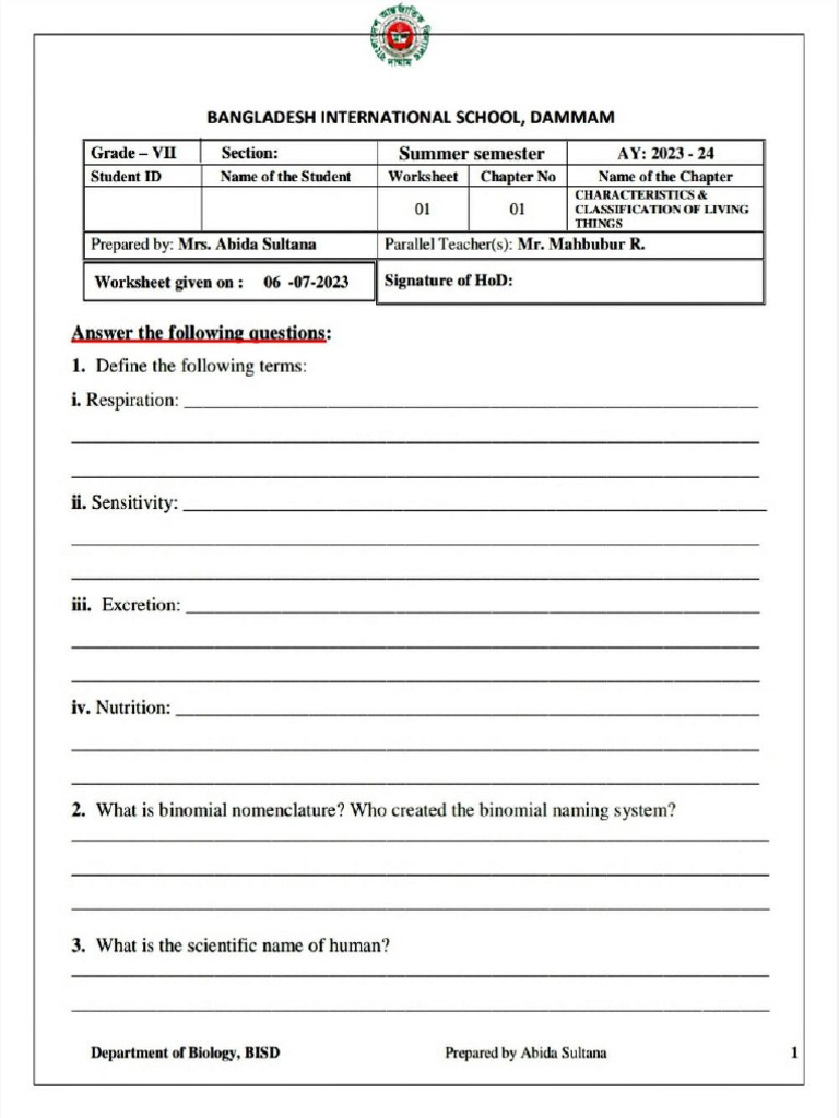 BIOLOGY SUMMER VACATION ASSIGNMENT (WS-1),VII | PDF