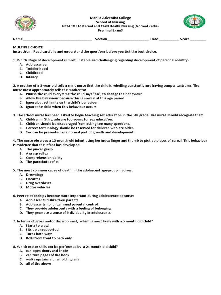 NCM 107 Pre-Final Exam Review | PDF