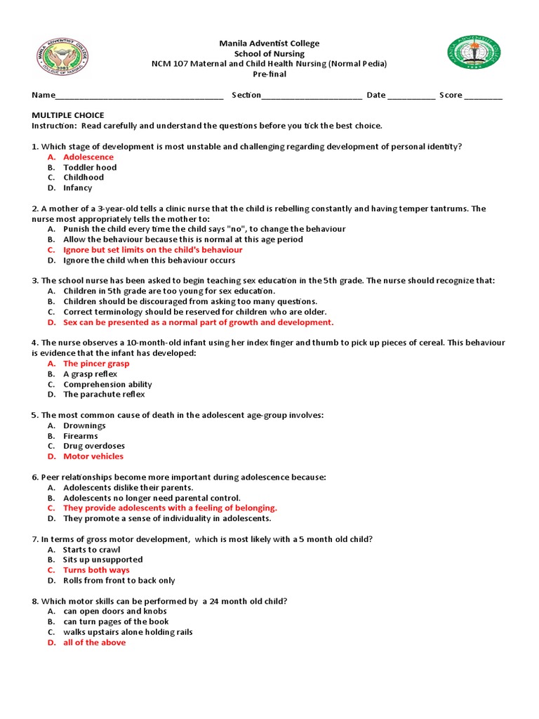 Prefinal Exam in NCM 107 - Final Key | PDF | Adolescence | Human Development
