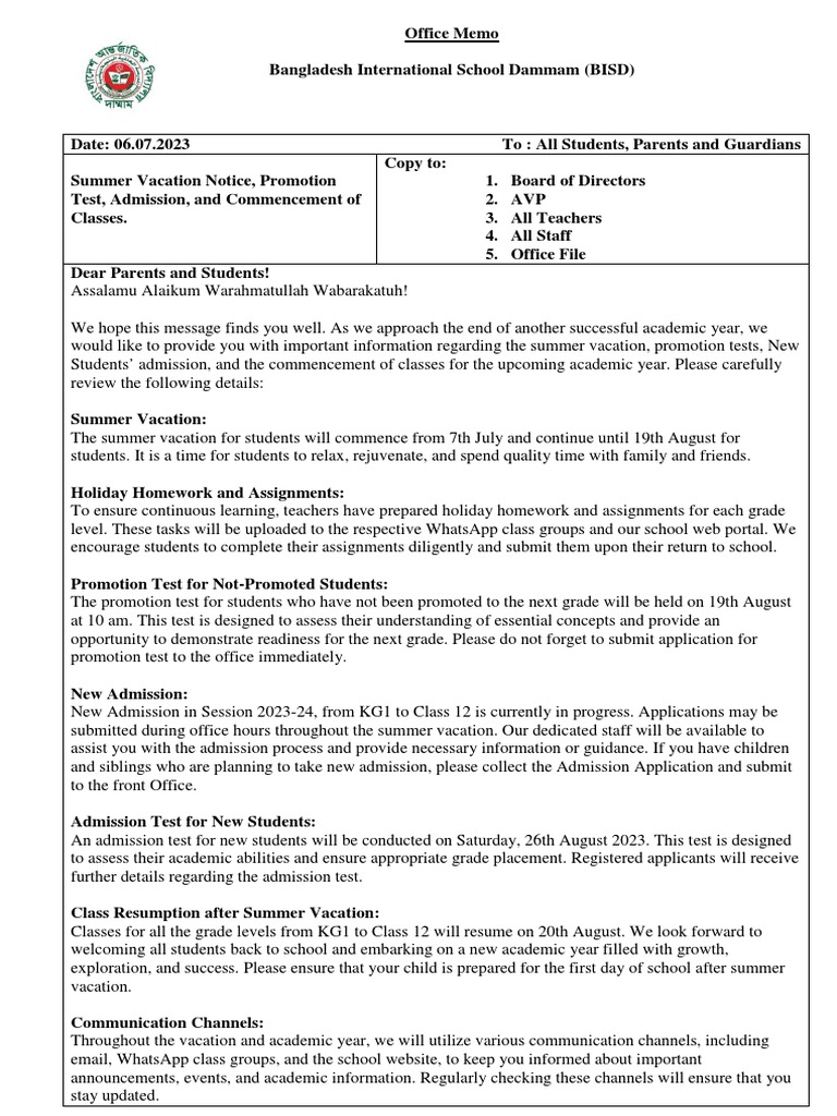 Summer Vacation Notice for Students | PDF | Homework