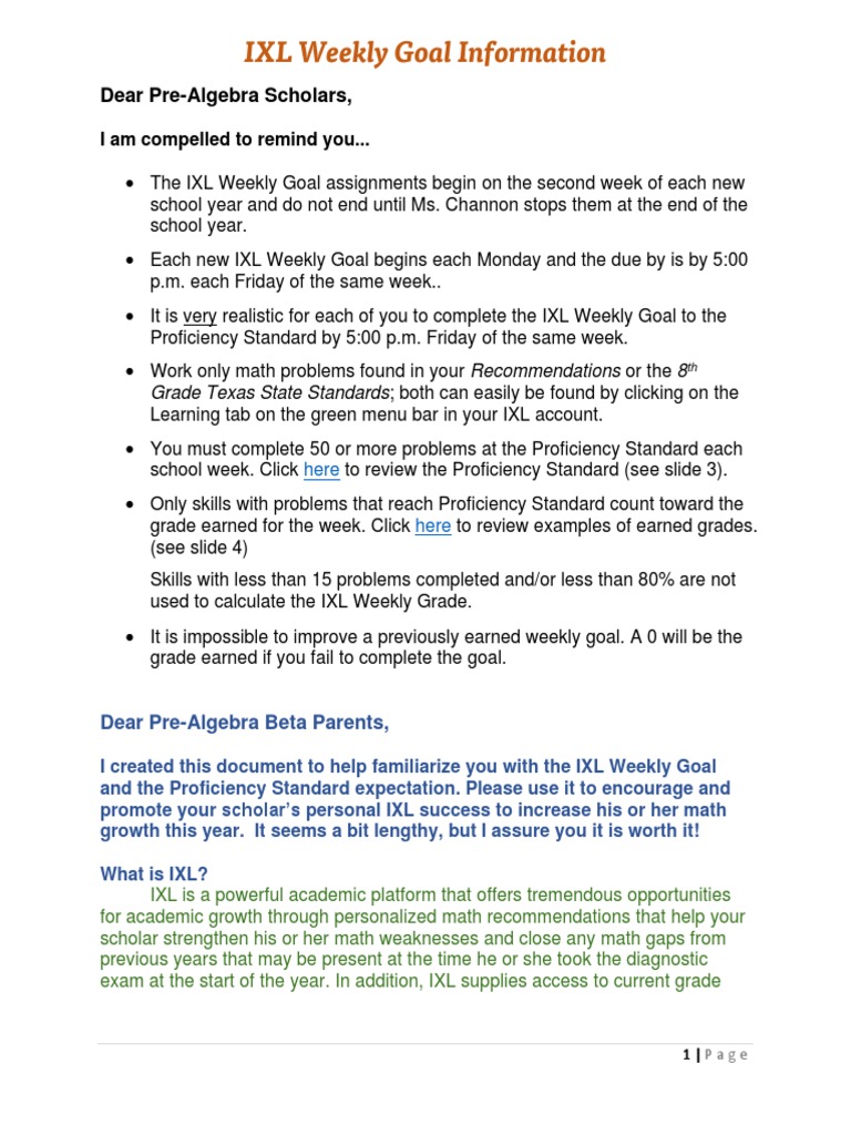IXL Weekly Goals for Pre-Algebra Scholars | PDF | Behavior Modification ...