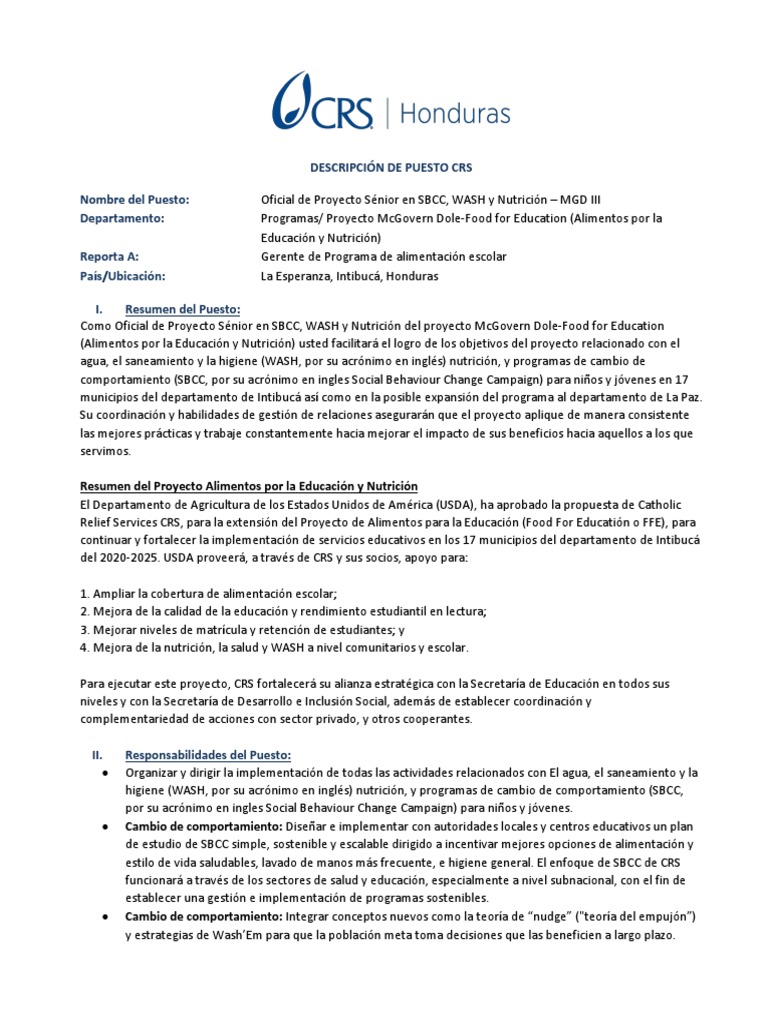 Oficial de Proyecto Senior SBCC - WASH MGD III | PDF