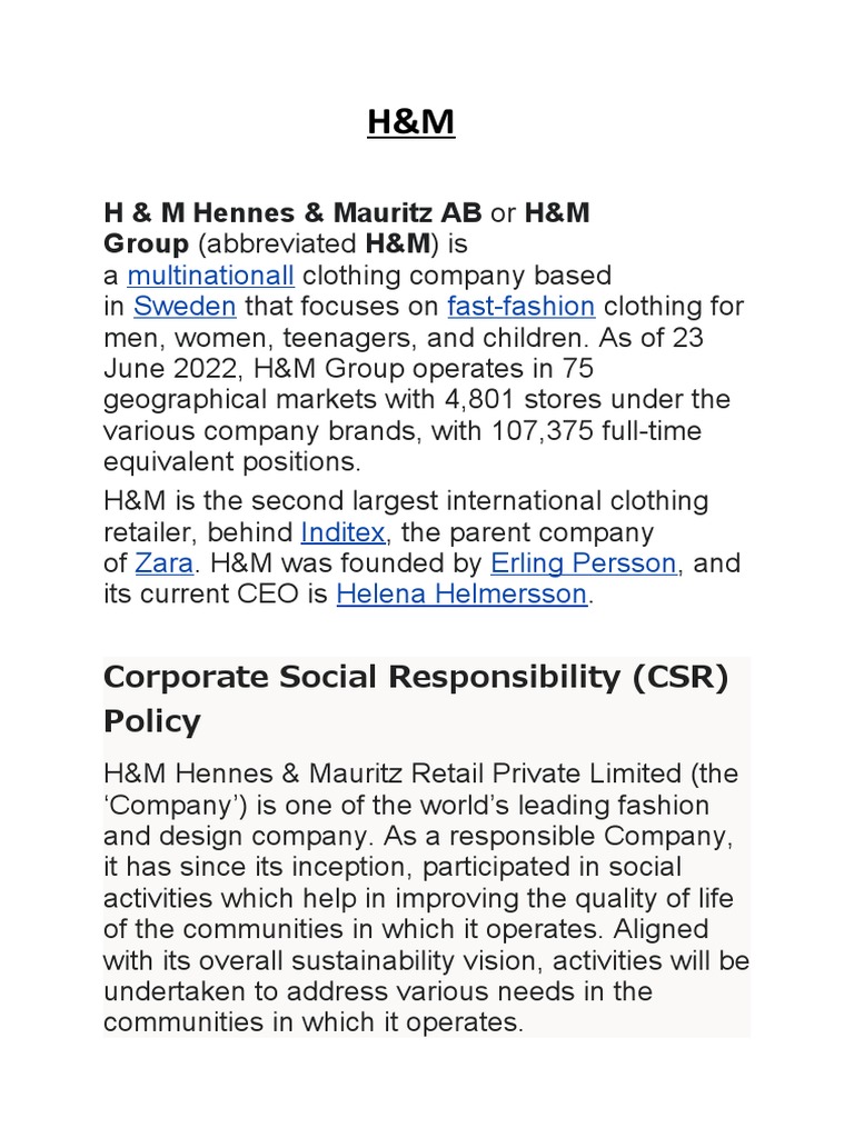 H & M Hennes & Mauritz AB or H&M Group (Abbreviated H&M) Is ...