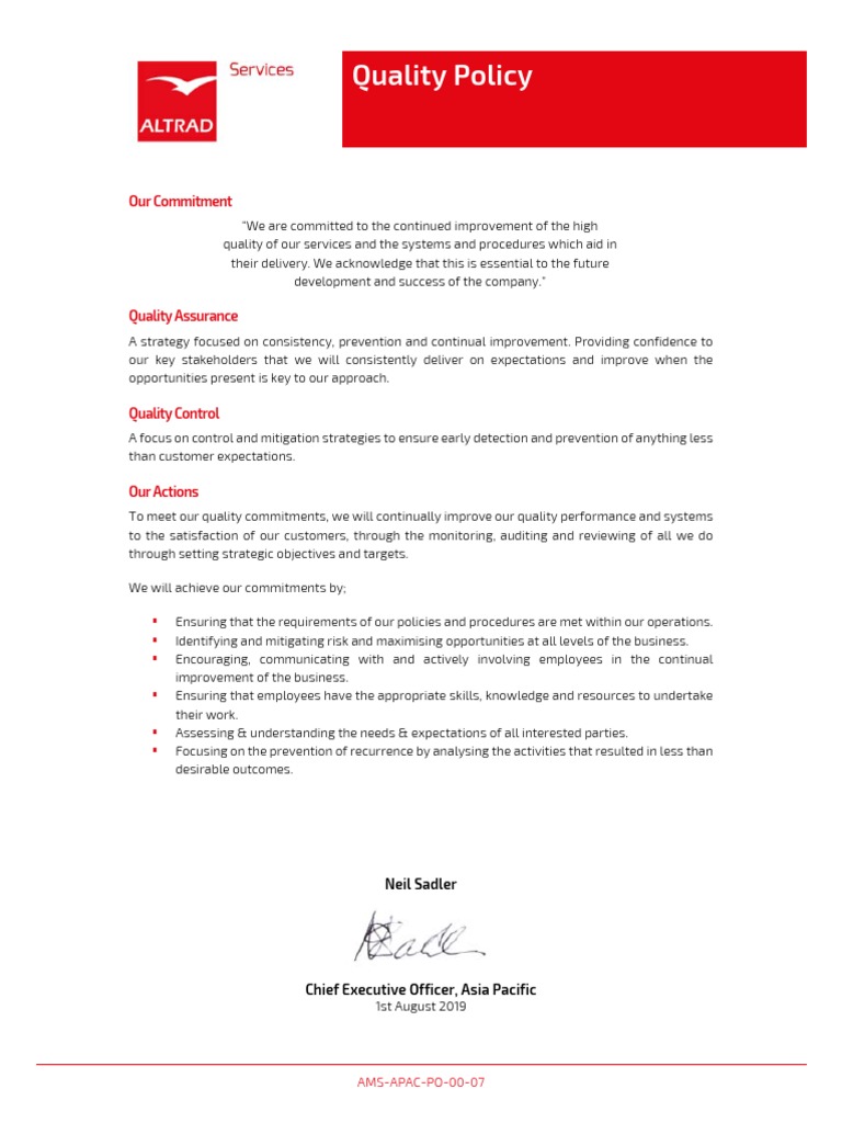 AMS APAC PO 00 07 Quality Policy | PDF | Business
