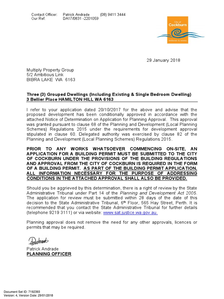 Approval Letter - Development Application DA17 0831 572389 | PDF ...