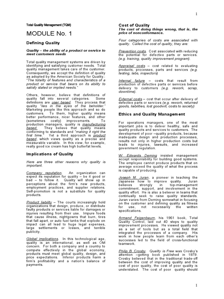 TQM Module | PDF | Iso 9000 | Quality (Business)