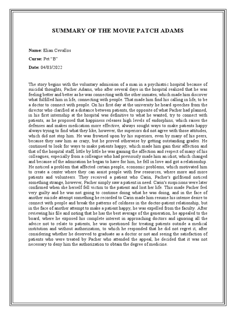 Summary of The Movie Patch Adams - Elian Cevallos - Pet B | PDF | Health Care | Psychology
