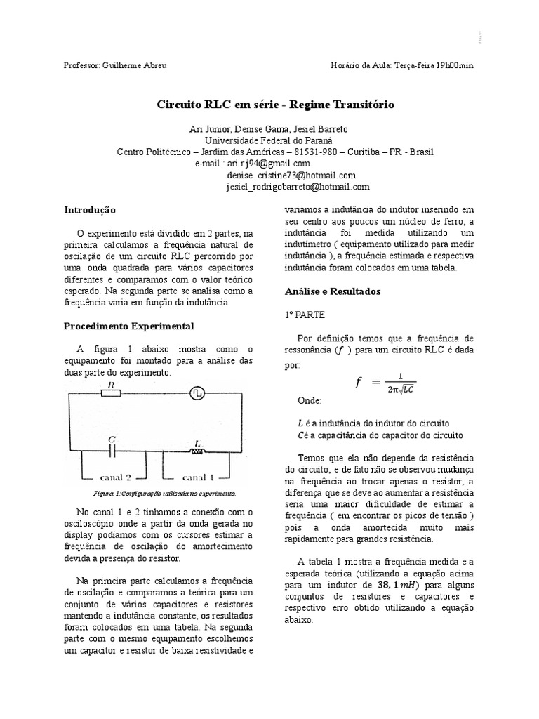 8º Relatório de Física Experimental III (Circuito RLC em Série - Regime ...