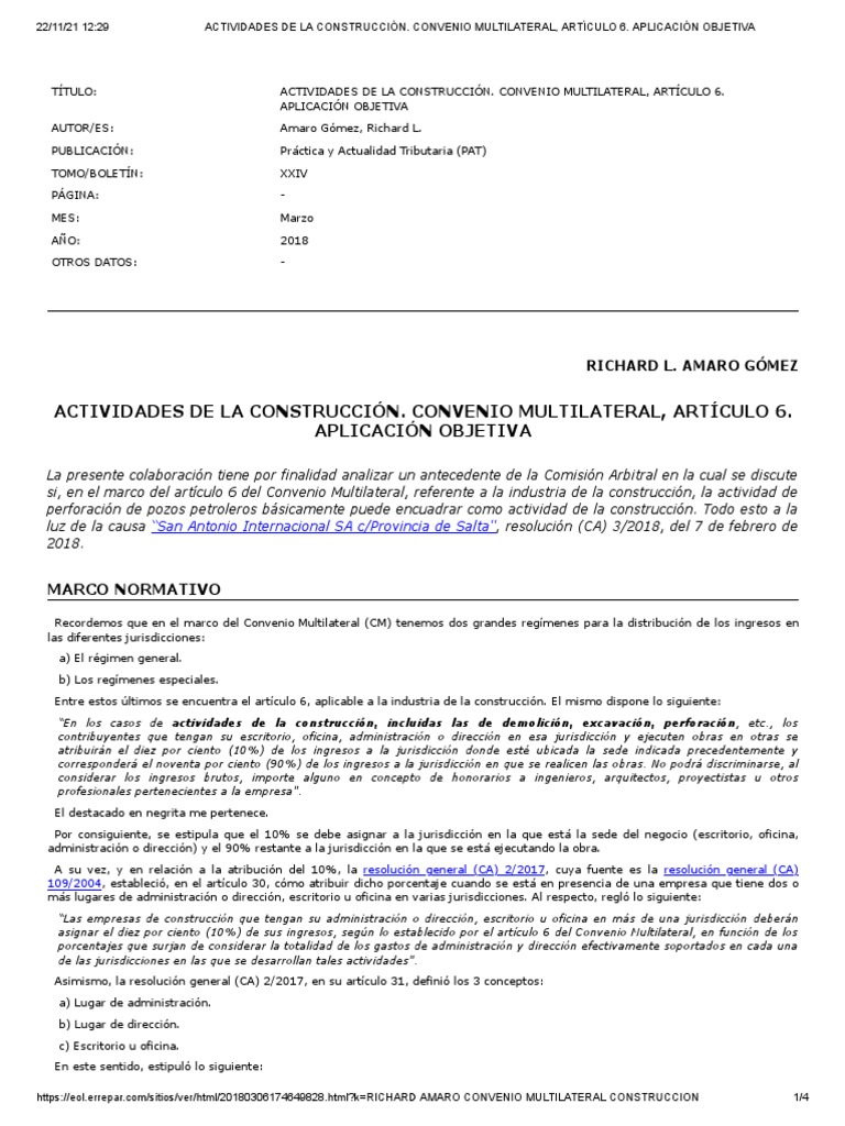 Art. 6. Actividades de La Construcción. Convenio Multilateral, Artículo ...