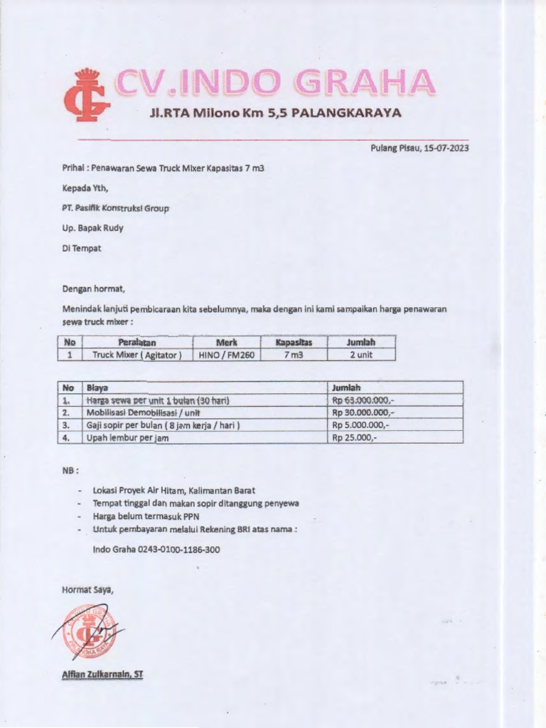 2023.07.15.surat Penawaran Sewa Mixer | PDF