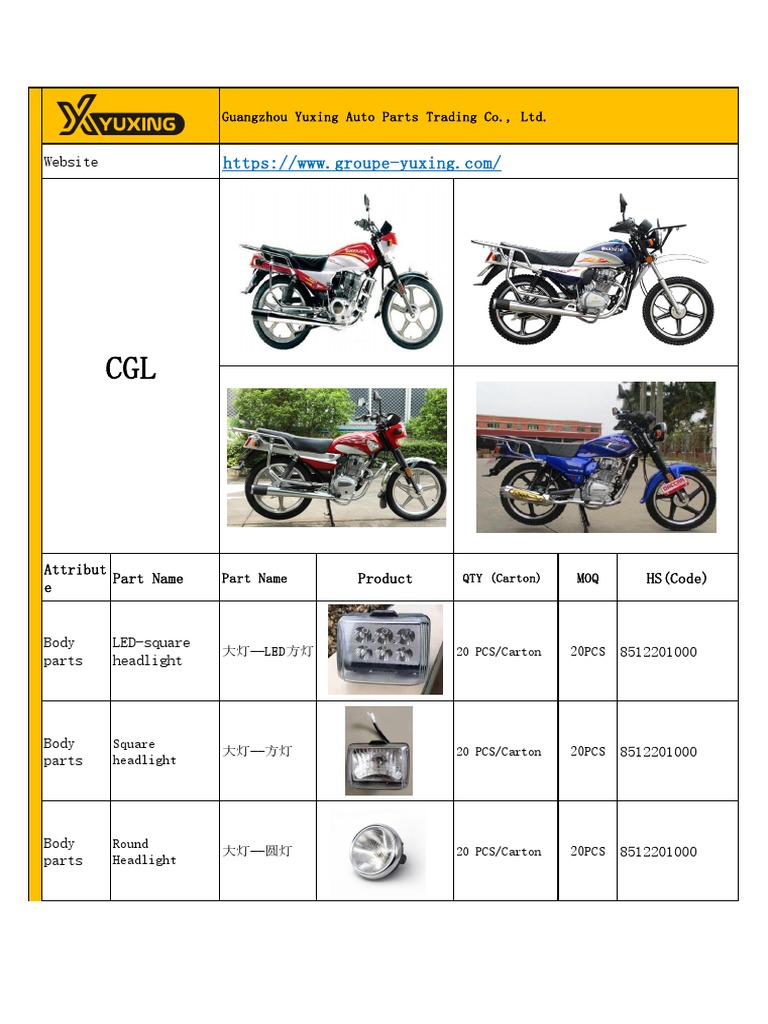 Guangzhou Yuxing Catalogue CGL,GN125,CG125 | PDF | Engines | Vehicles