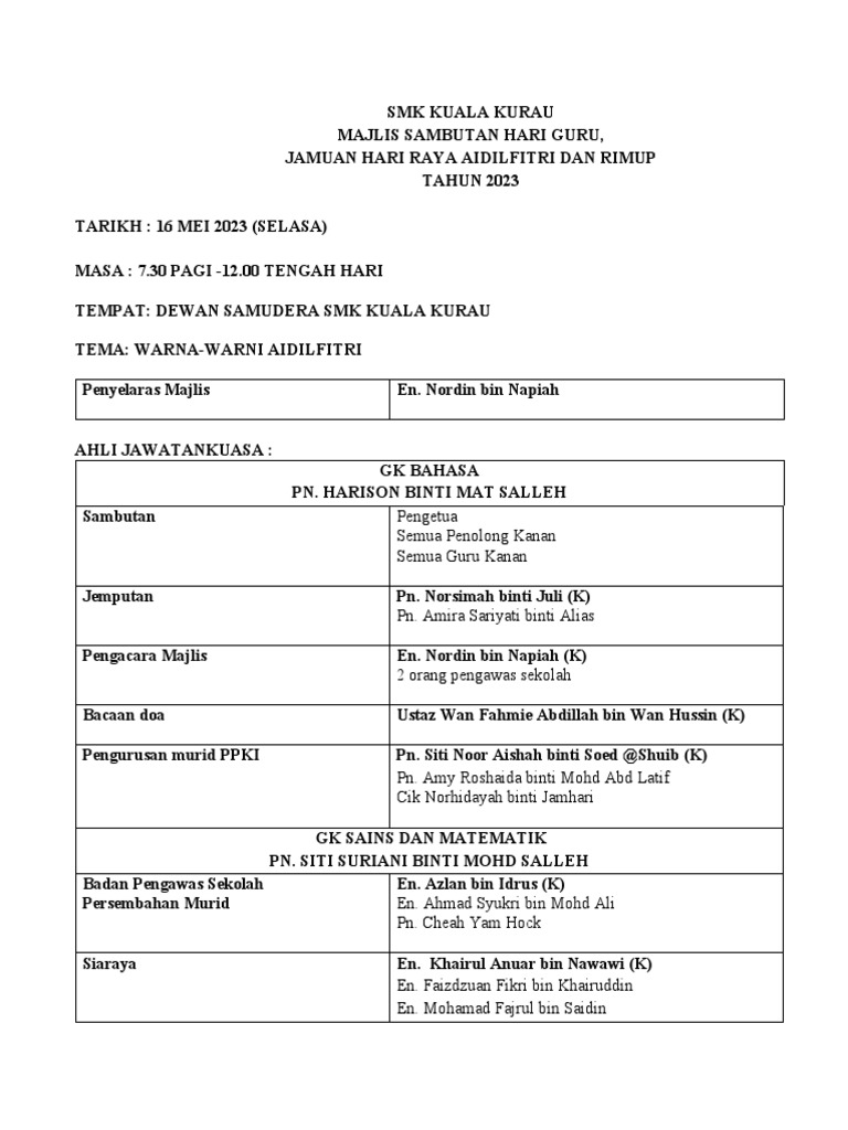 Jawatan Kuasa Hari Guru, Jamuan Raya, Rimup Tahun 2023 | PDF