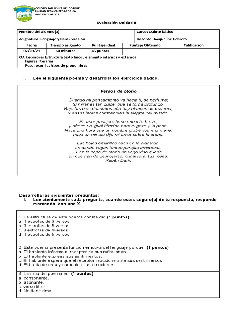 Evaluacion Unidad II Quinto Básico Lenguaje | PDF | Poesía | Metáfora